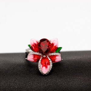 Uloveido Pear Cut Simulated Ruby Single Bloom Rose Flower Comfort Fit Cocktail Ring Platinum Plated Big Floral Rings Wedding Party Jewelry for Women (Size 6) RA627