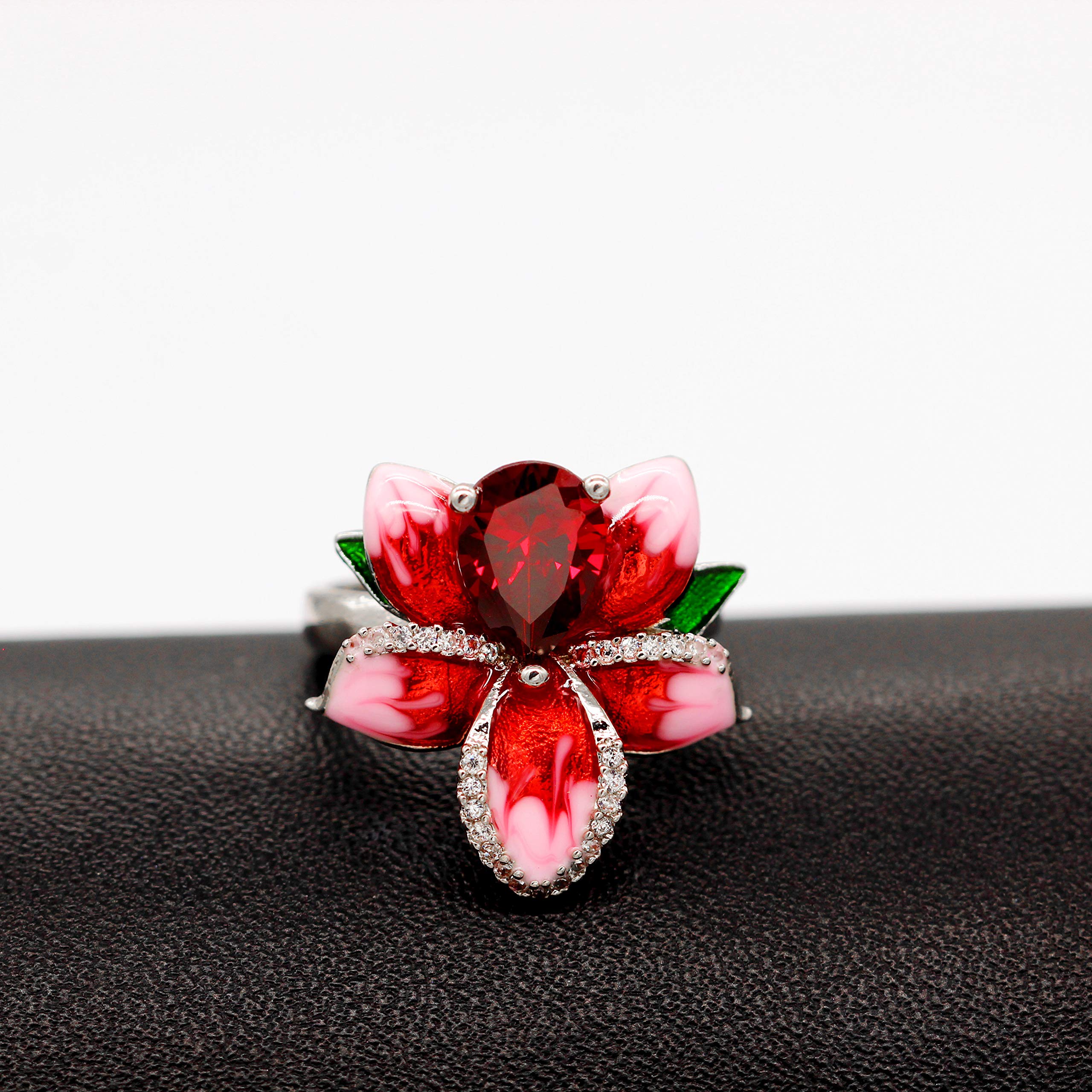 Uloveido Pear Cut Simulated Ruby Single Bloom Rose Flower Comfort Fit Cocktail Ring Platinum Plated Big Floral Rings Wedding Party Jewelry for Women (Size 6) RA627