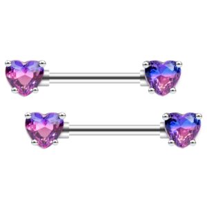 excepro 2pcs 14g nipple rings 316l surgical stainless purple heart cz nipple piercing for women nipple barbells nipple piercings body jewelry