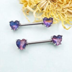 Excepro 2PCS 14G Nipple Rings 316L Surgical Stainless Purple Heart CZ Nipple Piercing for Women Nipple Barbells Nipple Piercings Body Jewelry