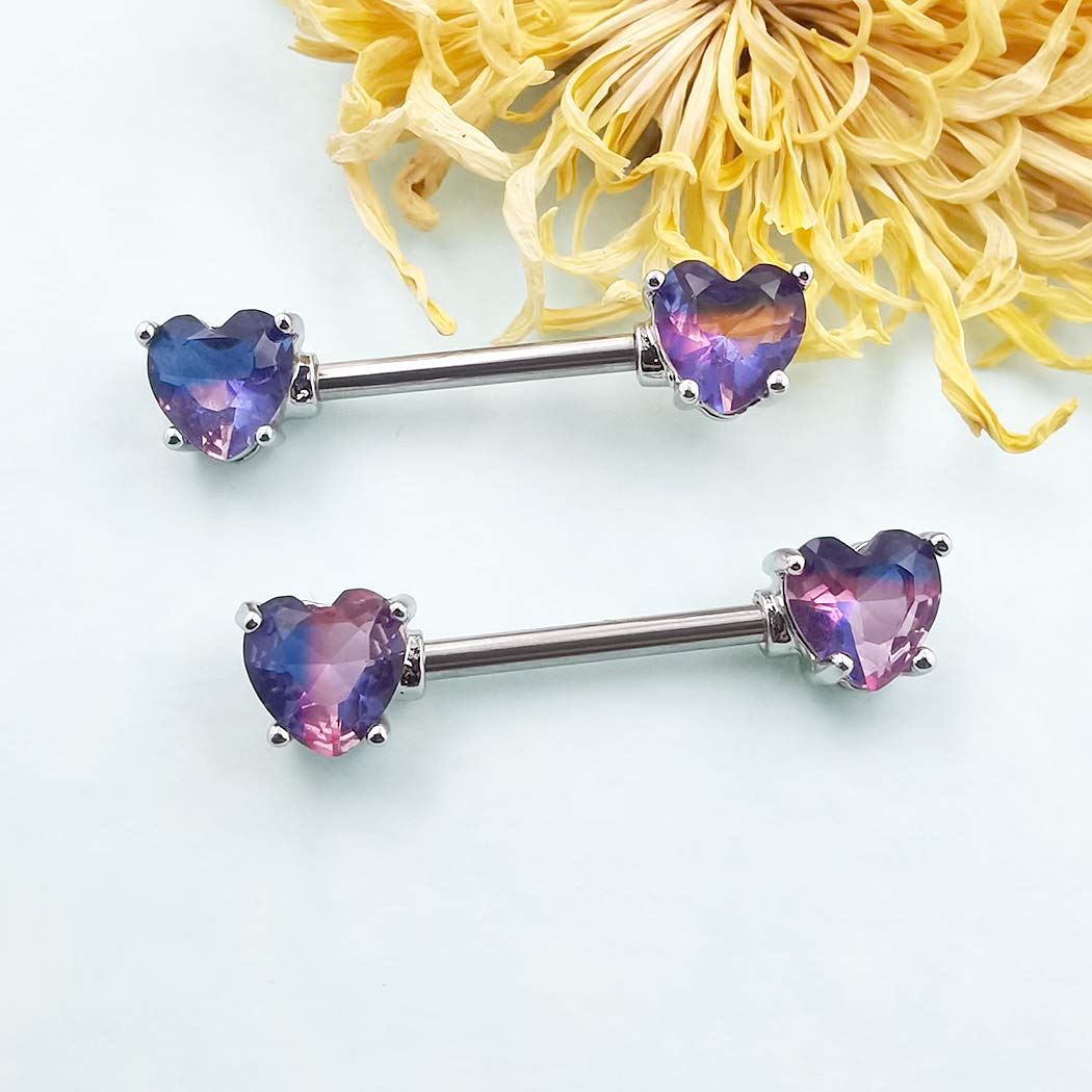 Excepro 2PCS 14G Nipple Rings 316L Surgical Stainless Purple Heart CZ Nipple Piercing for Women Nipple Barbells Nipple Piercings Body Jewelry