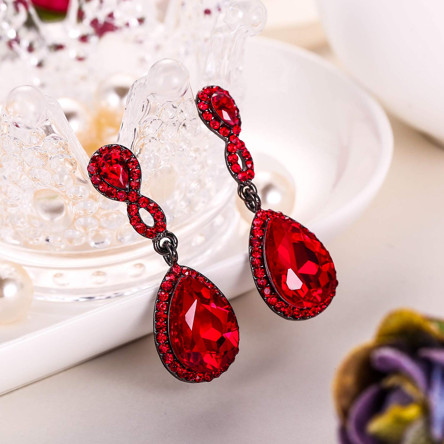 EVER FAITH Women's Austrian Crystal Bridal Infinity Symbol 8-Shaped Waterdrop Dangle Earrings Red Black-Tone