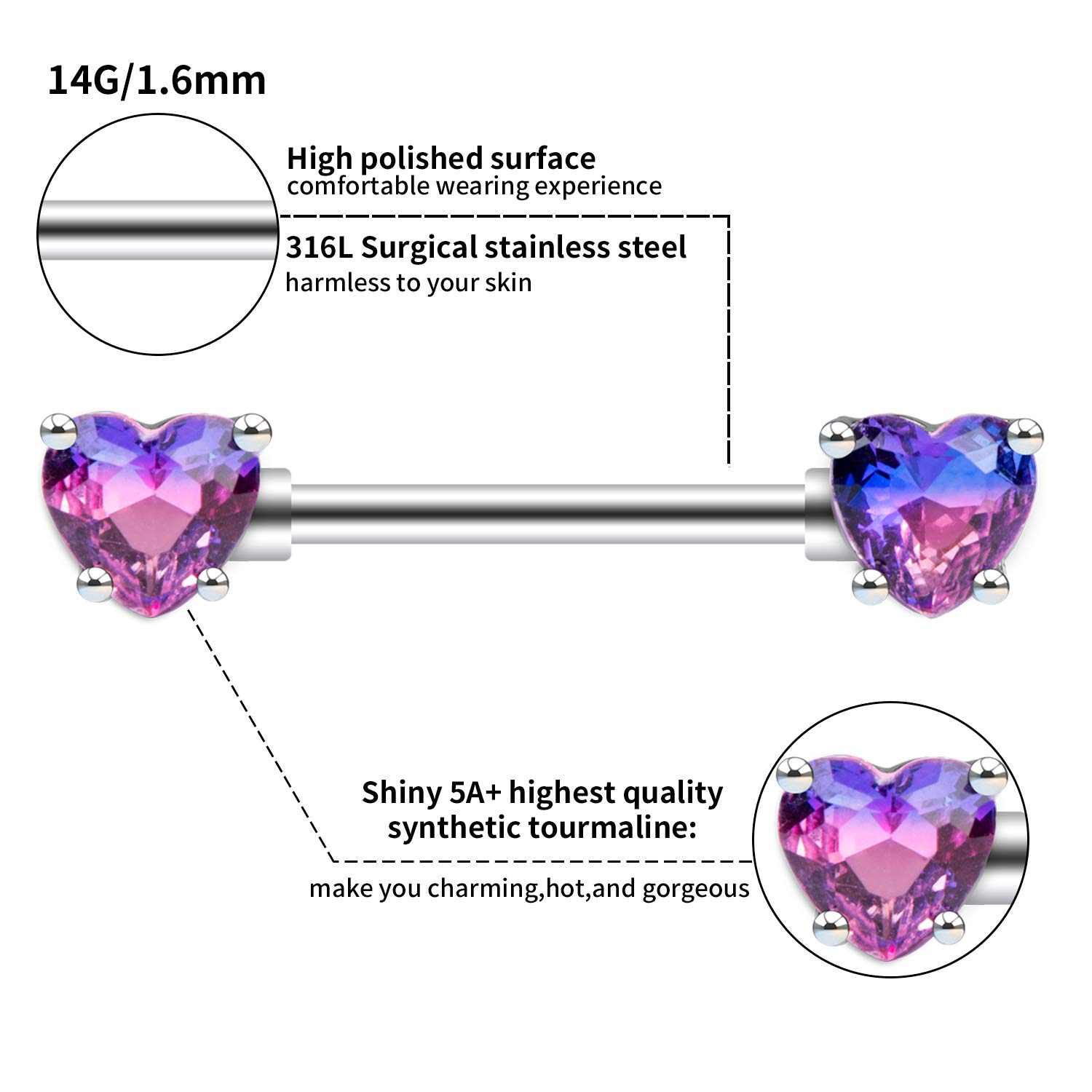 Excepro 2PCS 14G Nipple Rings 316L Surgical Stainless Purple Heart CZ Nipple Piercing for Women Nipple Barbells Nipple Piercings Body Jewelry