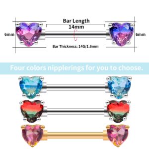 Excepro 2PCS 14G Nipple Rings 316L Surgical Stainless Purple Heart CZ Nipple Piercing for Women Nipple Barbells Nipple Piercings Body Jewelry