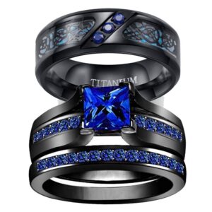 two rings his hers wedding ring sets couples rings women's black gold plated blue sapphire cz wedding engagement ring bridal sets & men's titanium wedding band