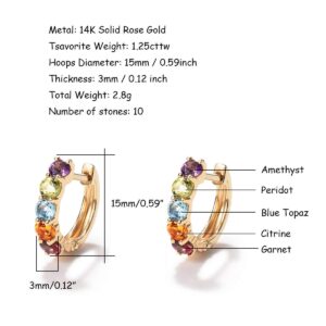 FANCIME Mothers Day Gifts 14K Solid Yellow Gold 1.25cttw Multi Colored Amethyst Peridot Topaz Citrine Garnet Tiny Small Hinged Huggie Cartilage Hoop Earrings Dainty Delicate Fine Jewelry For Women,15mm