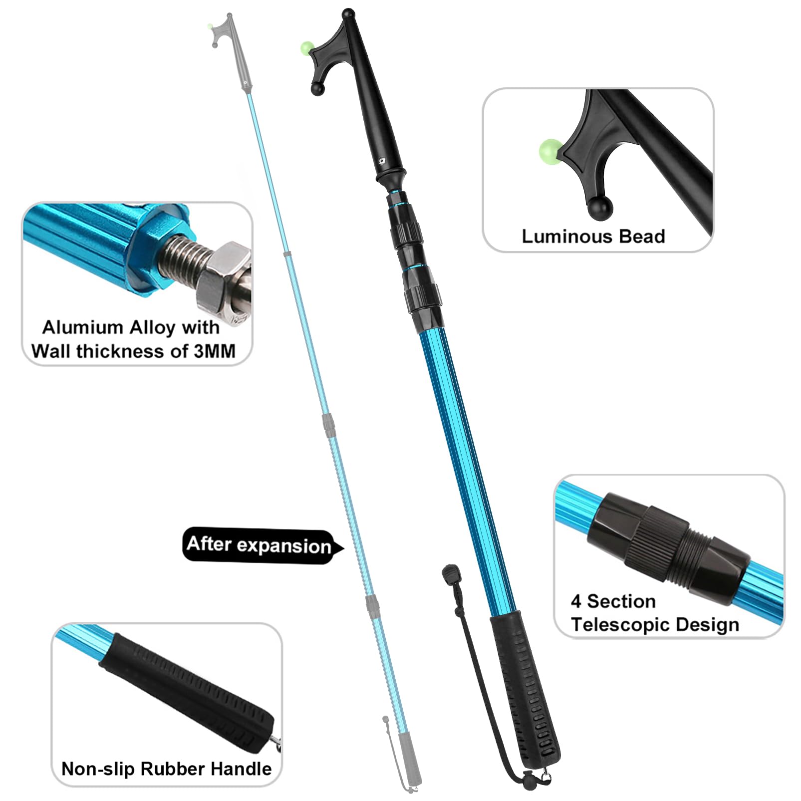 SAN LIKE Telescopic Boat Hook - Floating,Durable,Rust-Resistant with Luminous Bead,Blue Push Pole for Docking Extends from 2.58Ft to 6.66Ft