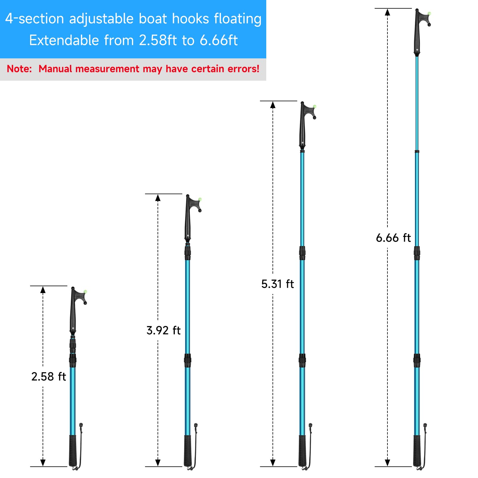 SAN LIKE Telescopic Boat Hook - Floating,Durable,Rust-Resistant with Luminous Bead,Blue Push Pole for Docking Extends from 2.58Ft to 6.66Ft