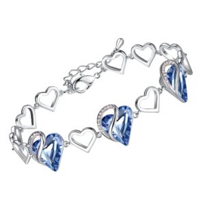 leafael infinity love heart link bracelets, march & december birthstone crystal bracelet for women, silver tone jewelry gifts for her, light sapphire blue, 7-inch chain and 2-inch extender