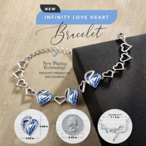 Leafael Infinity Love Heart Link Bracelets, March & December Birthstone Crystal Bracelet for Women, Silver Tone Jewelry Gifts for Her, Light Sapphire Blue, 7-inch Chain and 2-inch Extender