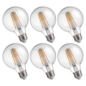 flsnt led globe edison light bulbs 40w equivalent, dimmable, 2700k soft white, 300lm, e26 base, cri80, clear glass, 6 pack