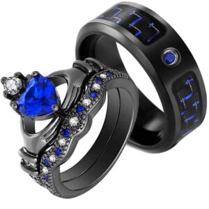 2 rings his and hers couple rings bridal sets black gold filled heart blue cz womens wedding ring sets man titanium band mens ring