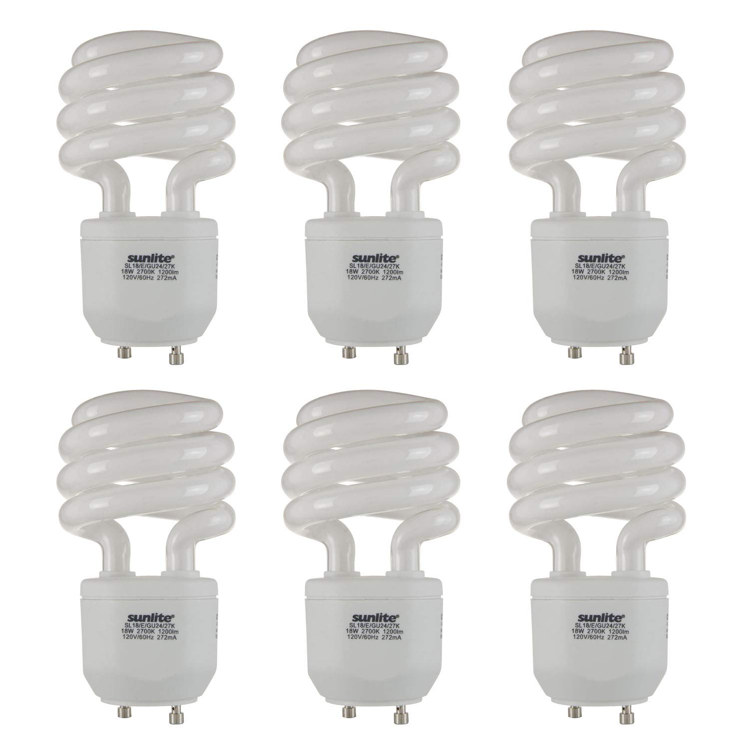 Sunlite Compact Fluorescent T3 Standard Household CFL Spiral Light Bulb, 18 Watt, (75W Equivalent), 1250 Lumens, 120 Volts, Twist & Lock GU24 Base, UL Listed, 2700K Soft White, 6 Pack