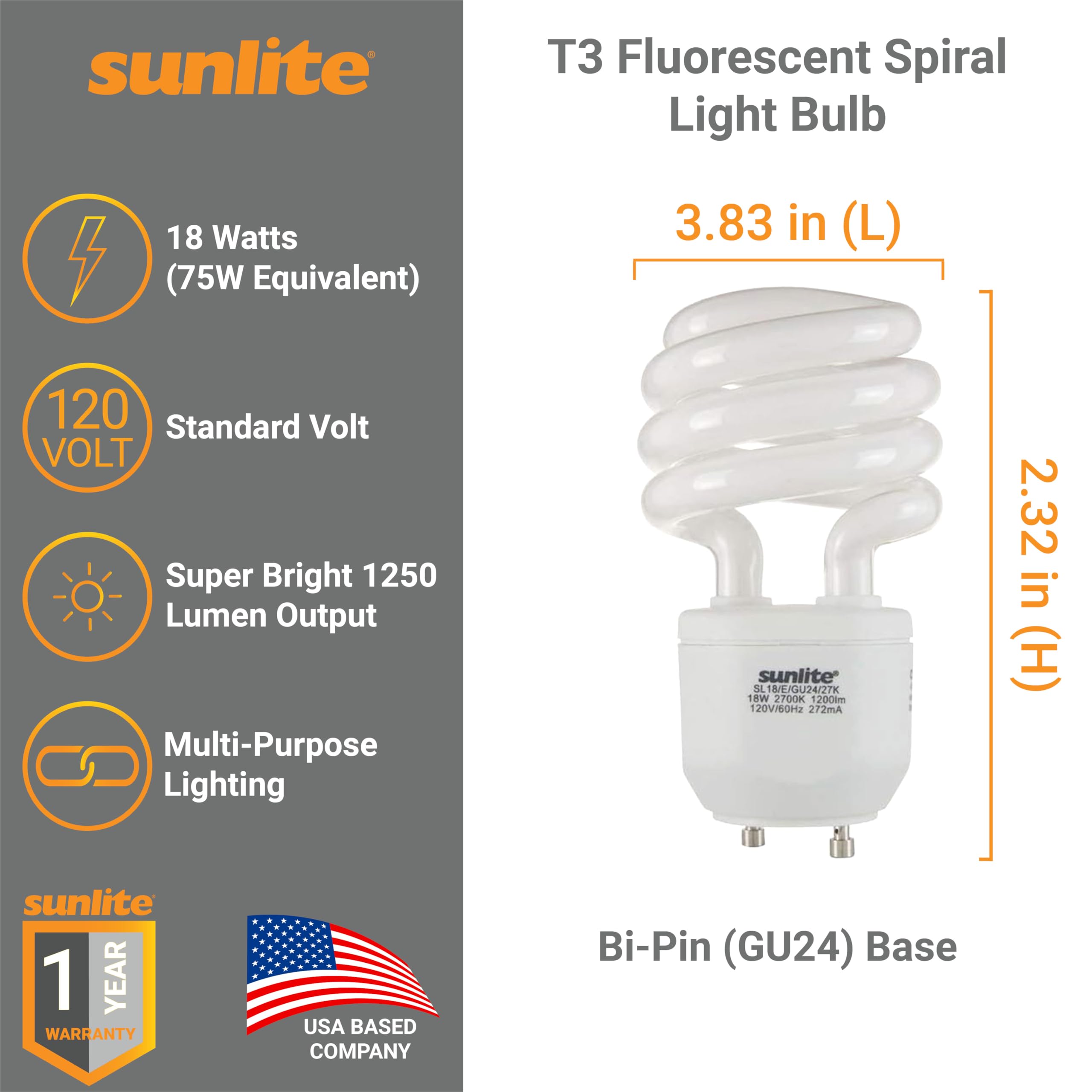 Sunlite Compact Fluorescent T3 Standard Household CFL Spiral Light Bulb, 18 Watt, (75W Equivalent), 1250 Lumens, 120 Volts, Twist & Lock GU24 Base, UL Listed, 2700K Soft White, 6 Pack