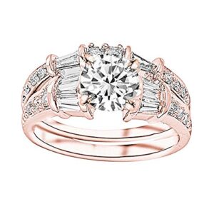 2.25 carat 14k rose gold baguette round gia certified round cut diamond engagement ring wedding bridal band set (1.5 ct h color si1 clarity center stone)