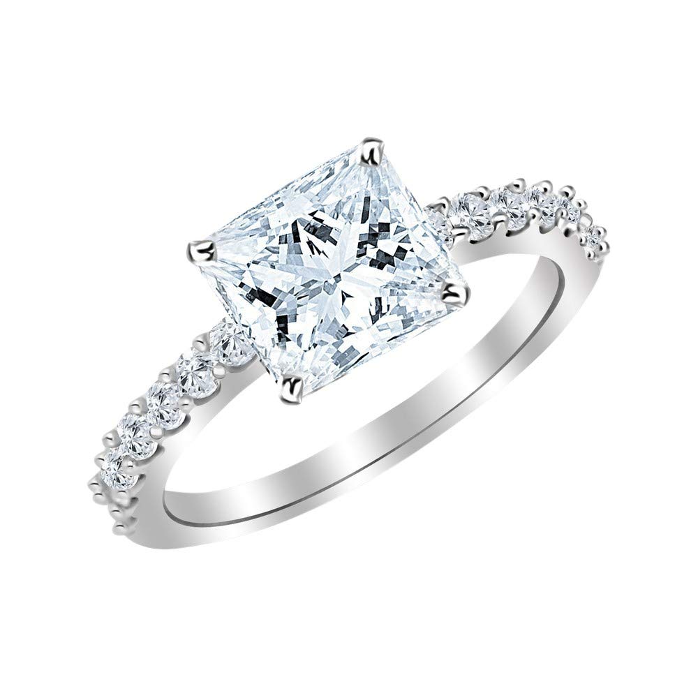 1.4 Carat 14K White Gold Classic Side Stone Prong Set Princess Cut Diamond Engagement Ring (0.9 Ct H Color VS2 Clarity Center Stone)