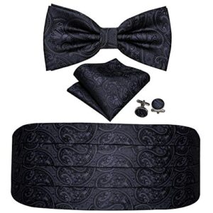 yohowa men cummerbund bow tie set paisley black silk pre-tied bowtie pocket square cufflinks formal wedding party prom banquet