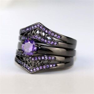 Gy Jewelry Two Rings His and Hers Wedding Ring Sets Couples Matching Rings Black 3pc Women's Amethyst Cz Engagement Ring Bridal Sets & Men's Stainless Steel Wedding Band