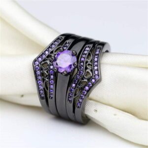 Gy Jewelry Two Rings His and Hers Wedding Ring Sets Couples Matching Rings Black 3pc Women's Amethyst Cz Engagement Ring Bridal Sets & Men's Stainless Steel Wedding Band