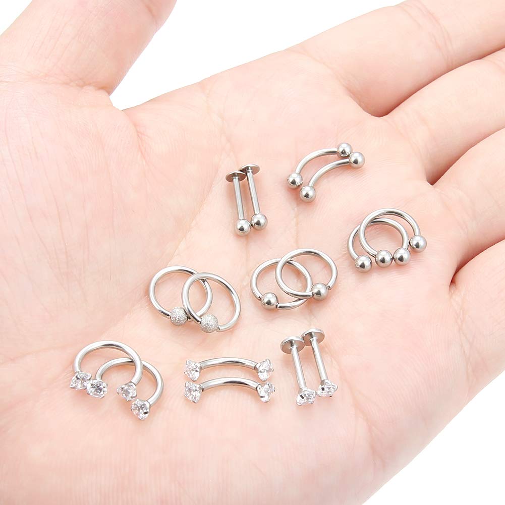 Lcolyoli 8 Pairs Stainless Steel Tragus Earring Clear Diamond CZ Forward Helix Hoop Cartilage Earring Studs Eyebrow Barbell Lip Labret Rings Body Piercing Jewelry Kit for Women Men Silver-tone