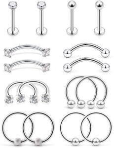 lcolyoli 8 pairs stainless steel tragus earring clear diamond cz forward helix hoop cartilage earring studs eyebrow barbell lip labret rings body piercing jewelry kit for women men silver-tone