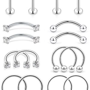 Lcolyoli 8 Pairs Stainless Steel Tragus Earring Clear Diamond CZ Forward Helix Hoop Cartilage Earring Studs Eyebrow Barbell Lip Labret Rings Body Piercing Jewelry Kit for Women Men Silver-tone