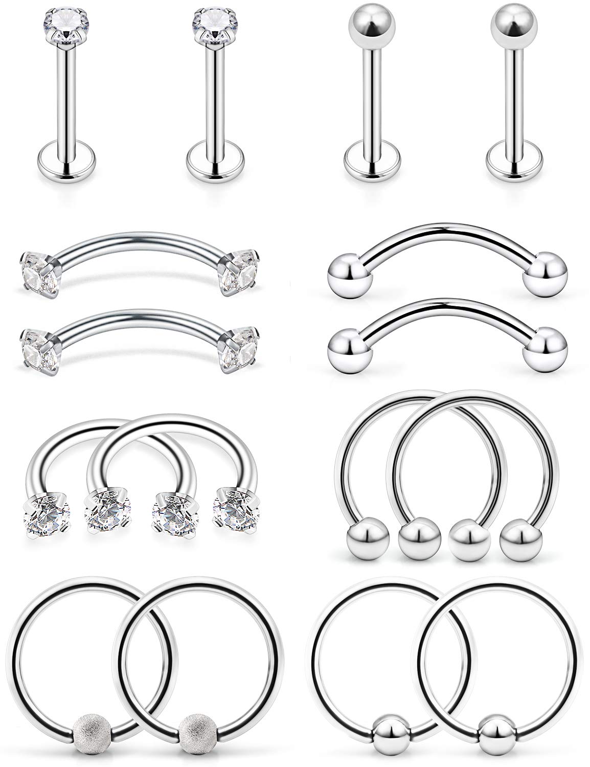 Lcolyoli 8 Pairs Stainless Steel Tragus Earring Clear Diamond CZ Forward Helix Hoop Cartilage Earring Studs Eyebrow Barbell Lip Labret Rings Body Piercing Jewelry Kit for Women Men Silver-tone