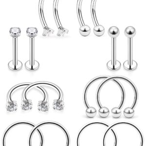 Lcolyoli 8 Pairs Stainless Steel Tragus Earring Clear Diamond CZ Forward Helix Hoop Cartilage Earring Studs Eyebrow Barbell Lip Labret Rings Body Piercing Jewelry Kit for Women Men Silver-tone