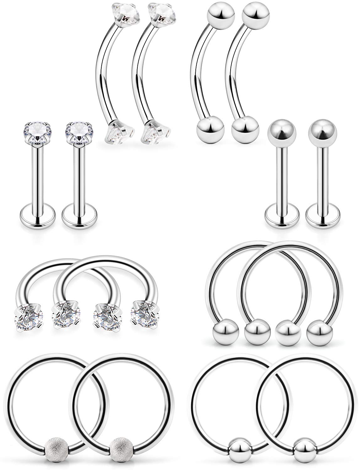 Lcolyoli 8 Pairs Stainless Steel Tragus Earring Clear Diamond CZ Forward Helix Hoop Cartilage Earring Studs Eyebrow Barbell Lip Labret Rings Body Piercing Jewelry Kit for Women Men Silver-tone