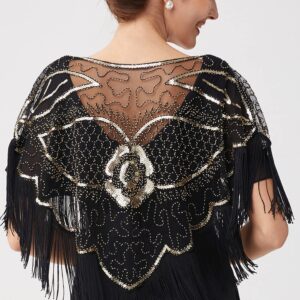 BABEYOND 1920s Shawl Wraps Gatsby Beaded Evening Cape Bridal Shawl for Evening Dresses Wedding Party (Gold Black)