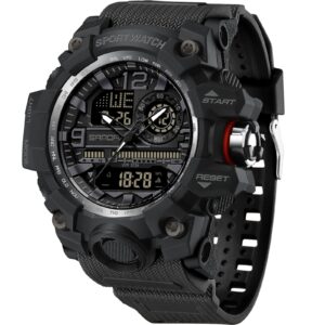 wishfan men’s military watch, dual-display waterproof sports digital watch big wrist for men with alarm (black)