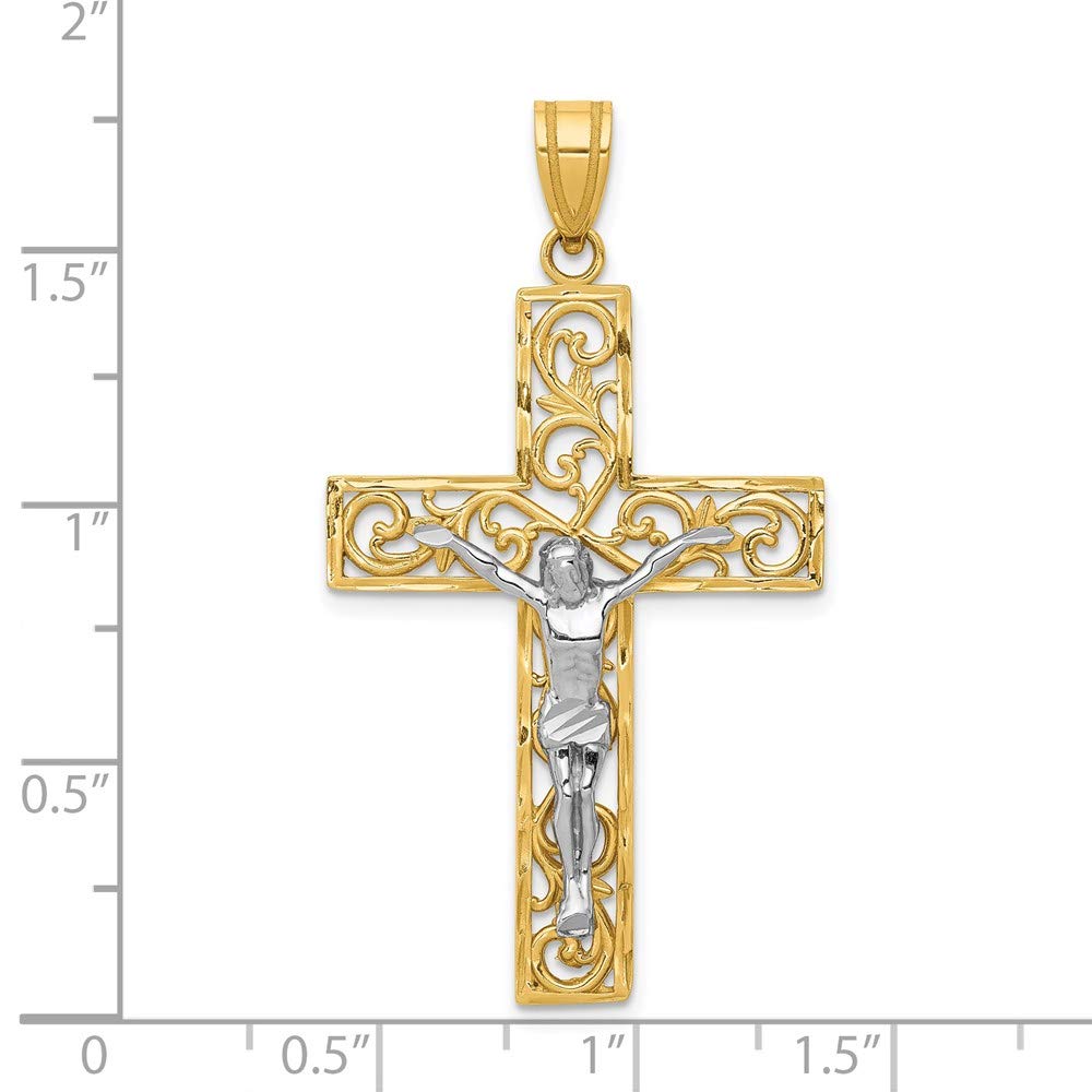 Diamond2Deal 14k Gold Two-tone Large Block Filigree Cross Crucifix Pendant Fine Jewelry for Women (L- 46 mm W- 25 mm)