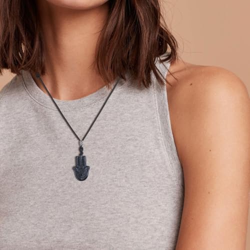 COAI Adjustable Nylon Cord Hamsa Hand Obsidian Black Stone Necklace