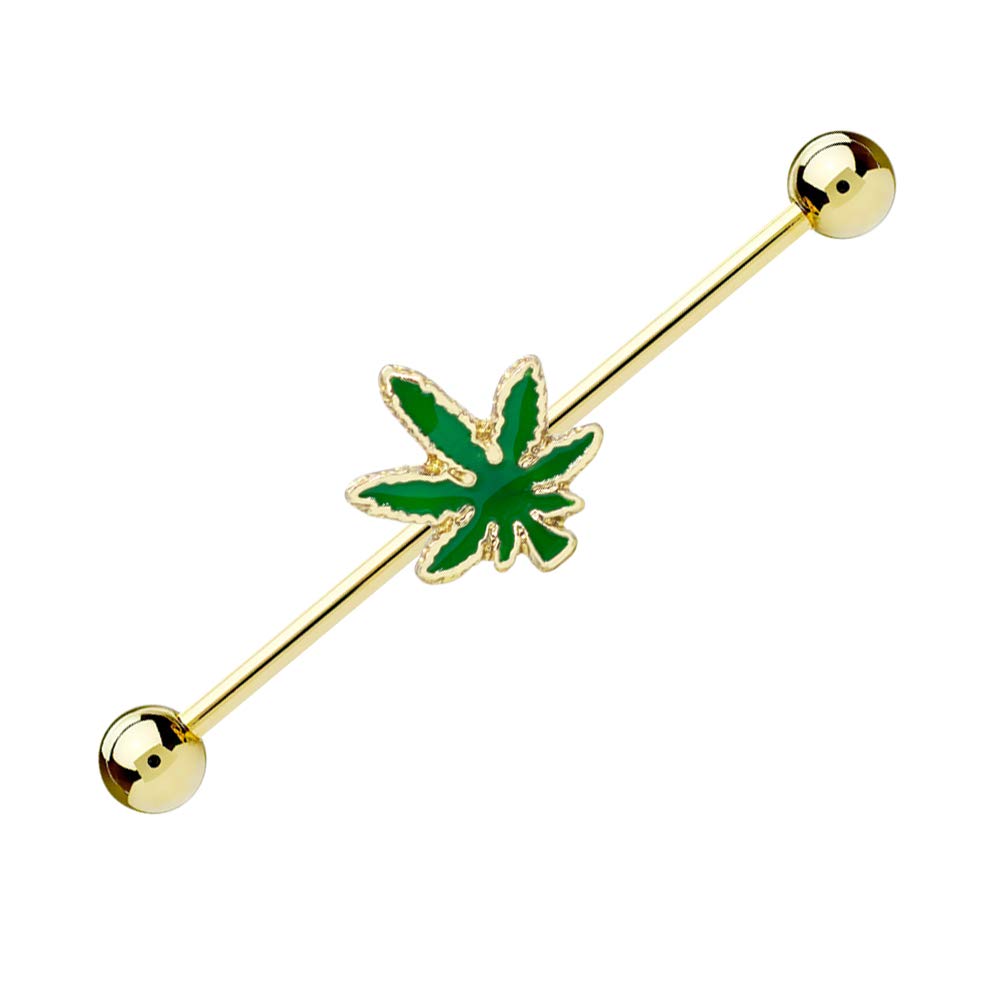 Pierce2GO Weed Industrial Barbell Bar Ear Piercing - 316L Surgical Grade Stainless Steel Anodized Gold Barbell Ear Piercing with Green Marijuana Leaf Pendant for Women and Men Unisex (Gold & Green)