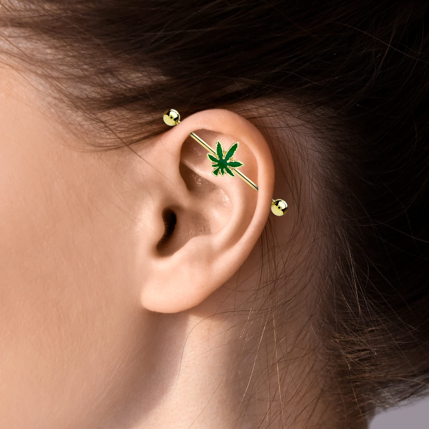 Pierce2GO Weed Industrial Barbell Bar Ear Piercing - 316L Surgical Grade Stainless Steel Anodized Gold Barbell Ear Piercing with Green Marijuana Leaf Pendant for Women and Men Unisex (Gold & Green)