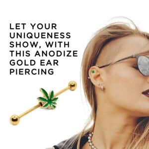 Pierce2GO Weed Industrial Barbell Bar Ear Piercing - 316L Surgical Grade Stainless Steel Anodized Gold Barbell Ear Piercing with Green Marijuana Leaf Pendant for Women and Men Unisex (Gold & Green)