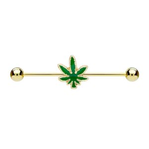 Pierce2GO Weed Industrial Barbell Bar Ear Piercing - 316L Surgical Grade Stainless Steel Anodized Gold Barbell Ear Piercing with Green Marijuana Leaf Pendant for Women and Men Unisex (Gold & Green)