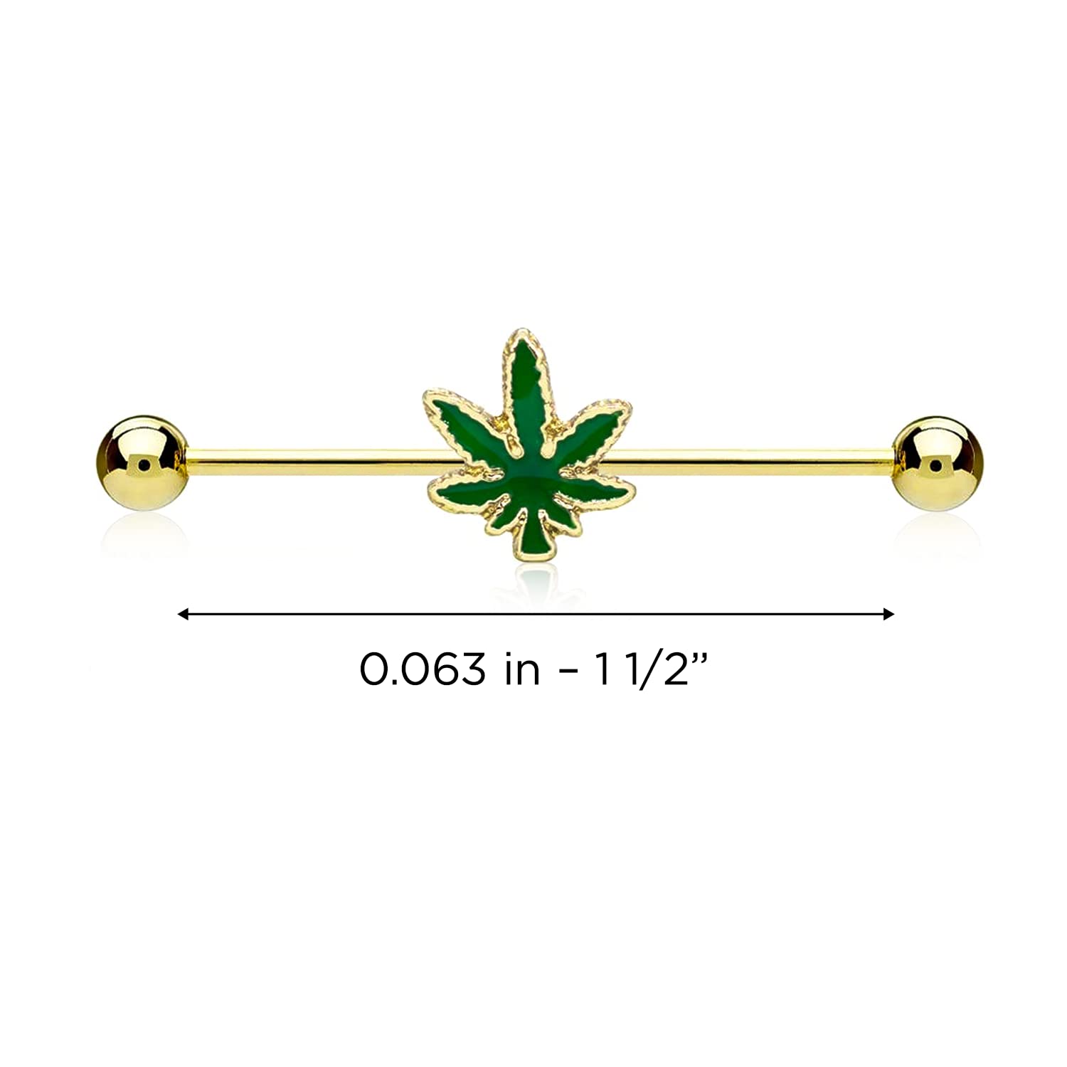 Pierce2GO Weed Industrial Barbell Bar Ear Piercing - 316L Surgical Grade Stainless Steel Anodized Gold Barbell Ear Piercing with Green Marijuana Leaf Pendant for Women and Men Unisex (Gold & Green)