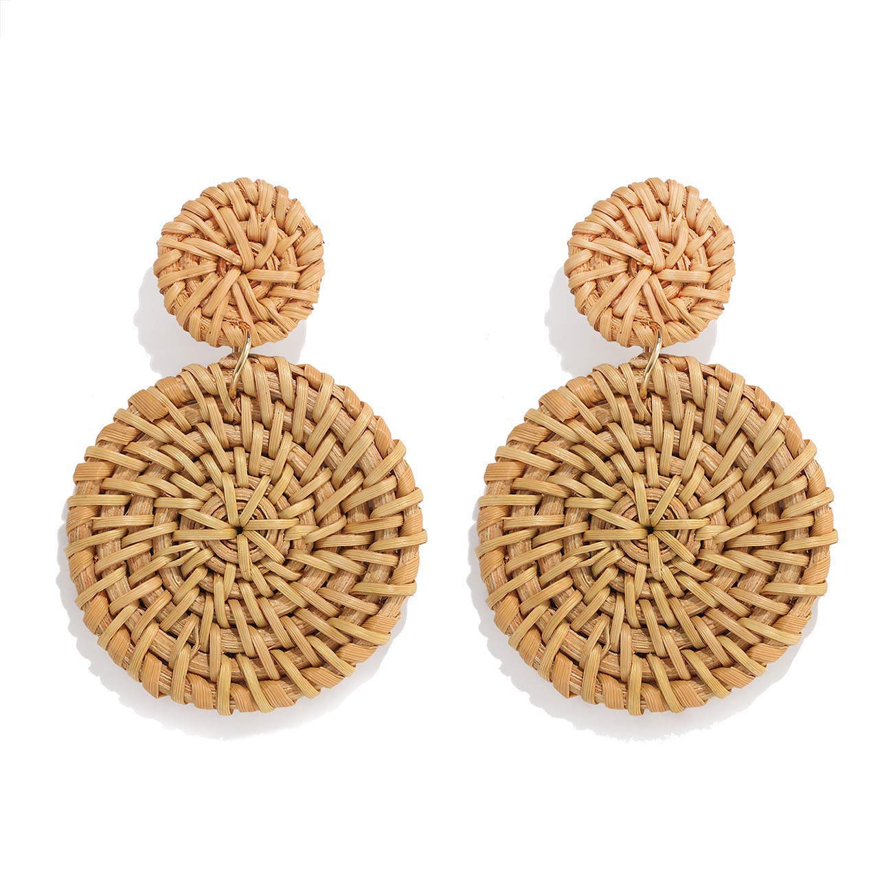 ARATLENCH Rattan Woven Dangling Earrings Handmade Straw Dangle Drop Earrings Boho Summer Beach Statement Circle Ball Hoop Earrings for Women (rattan disc)