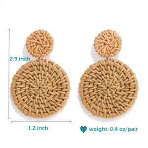 ARATLENCH Rattan Woven Dangling Earrings Handmade Straw Dangle Drop Earrings Boho Summer Beach Statement Circle Ball Hoop Earrings for Women (rattan disc)