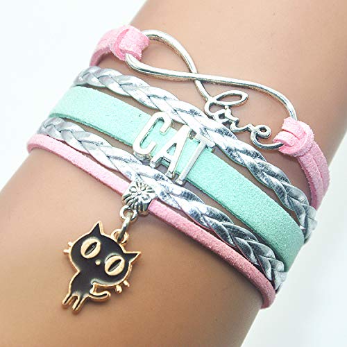 HCChanshi Cat Bracelet Jewelry Infinity Love Cat Jewelry Bracelet For Cat Lover, Cat Owner, Cat Themed Jewelry (Pink,Silver and Mint Green)