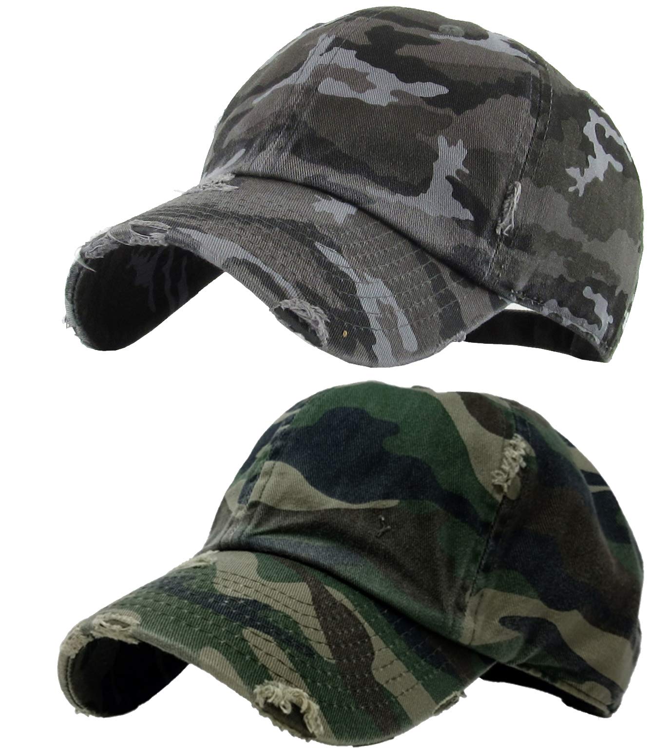 Funky Junque Distressed Baseball Cap Bundle: Camo Black & Camo Green