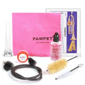 pampet trumpet care kit, professional trumpet cleaning kit care your trumpet with valve oil, brass polishing spray, slide grease, brushes