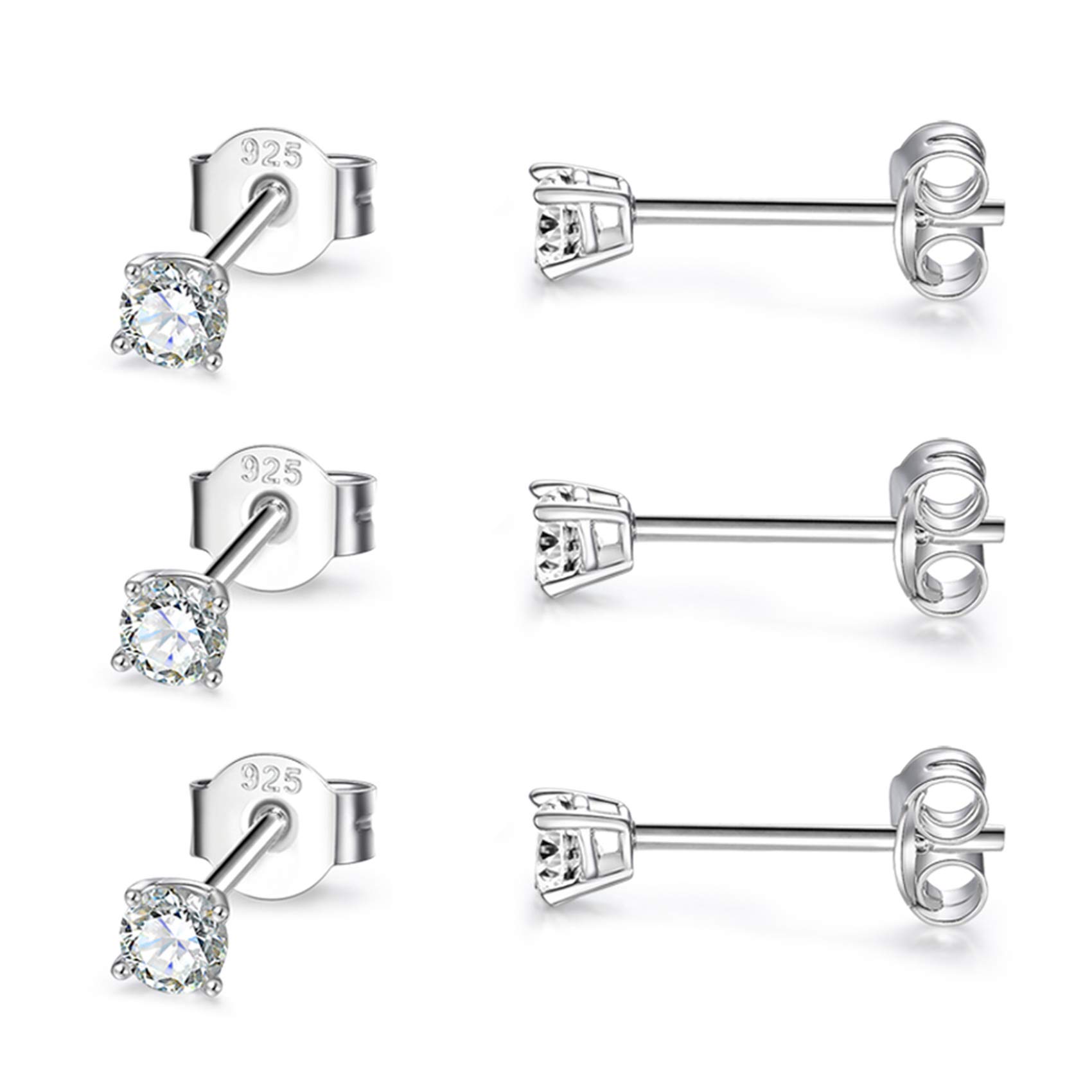 EPIRORA Sterling Silver Stud Earrings for Women Men- 3 Pairs 3mm Tiny Ball Stud Earrings Round CZ Earrings Pearl Earrings Set Cartilage Small Tragus Earrings