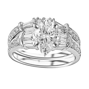 2.45 ctw platinum baguette round diamond engagement ring wedding bridal band set pear shape (1.7 ct g color si3 clarity center stone)