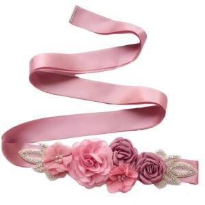 lauthen.s sash belt with flowers pearls rhinestone for wedding bride/baby shower dress,dusty pink