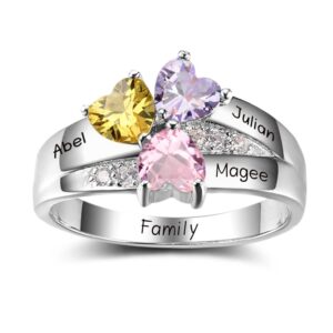 mothers ring with 3 heart simulated birthstones engraved 3 names personalized promise rings for her mom jewelry (8.5)