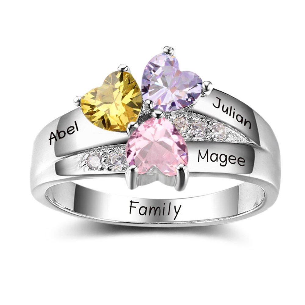 Mothers Ring with 3 Heart Simulated Birthstones Engraved 3 Names Personalized Promise Rings for Her Mom Jewelry (8.5)