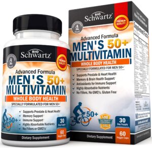 once daily multivitamin for men 50 and over - supplement for heart health support - with zinc, a, b, c, d3, e vitamins - for memory & brain health support - designed for whole body health - 60 count