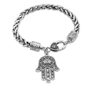 ailuor hamsa hand of fatima silver bracelet - evil eye protection silver tone alloy charm jewelry lucky success pendant friendship handmade bracelet men women (silver)